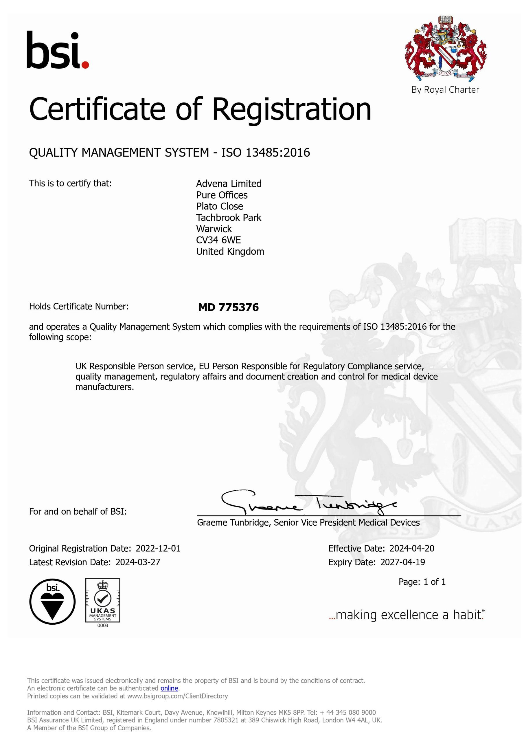 BSI Certificate - Advena Ltd